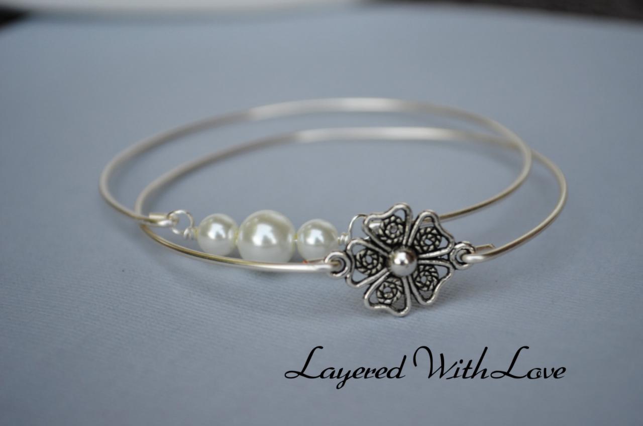 Silver Daisy And Pearl Bangle Set- Silver Bracelet- Flower Bangle ...